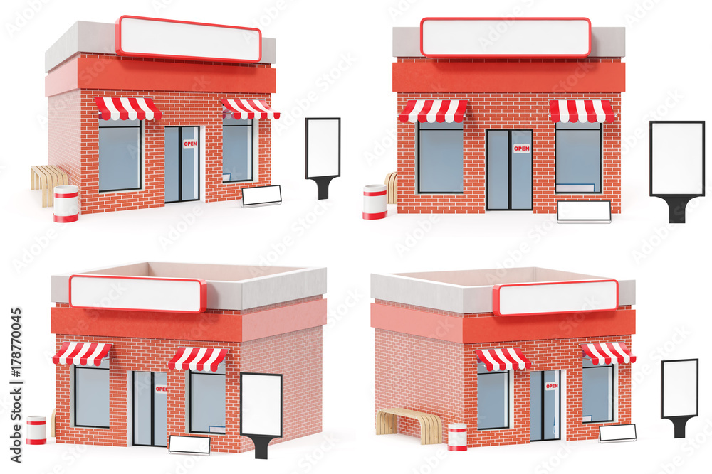 Set Store with copy space board isolated on white background. Modern ...