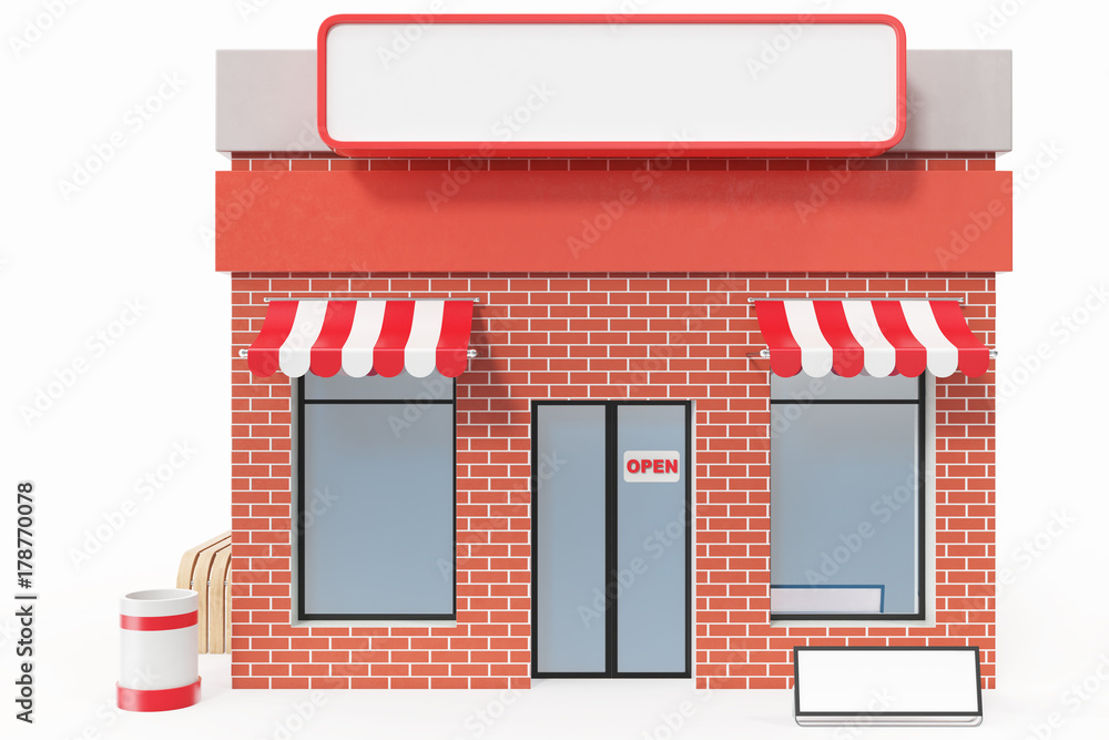 Store with copy space board isolated on white background. Modern shop ...