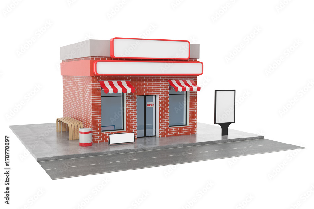 Store with copy space board isolated on white background. Modern shop ...