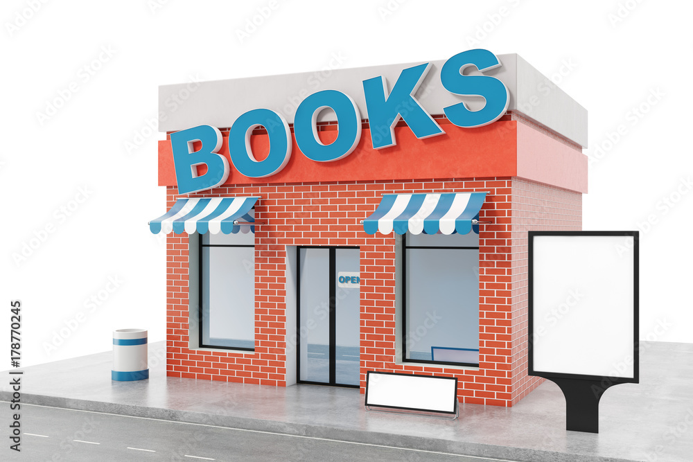 Books Store with copy space board isolated on white background. Modern ...