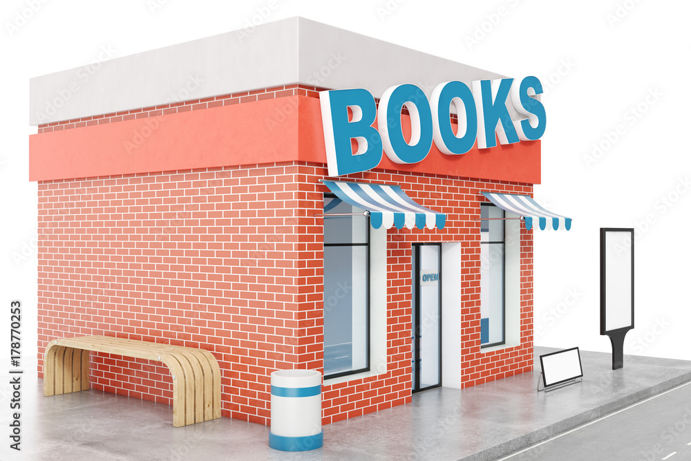 Books Store with copy space board isolated on white background. Modern ...