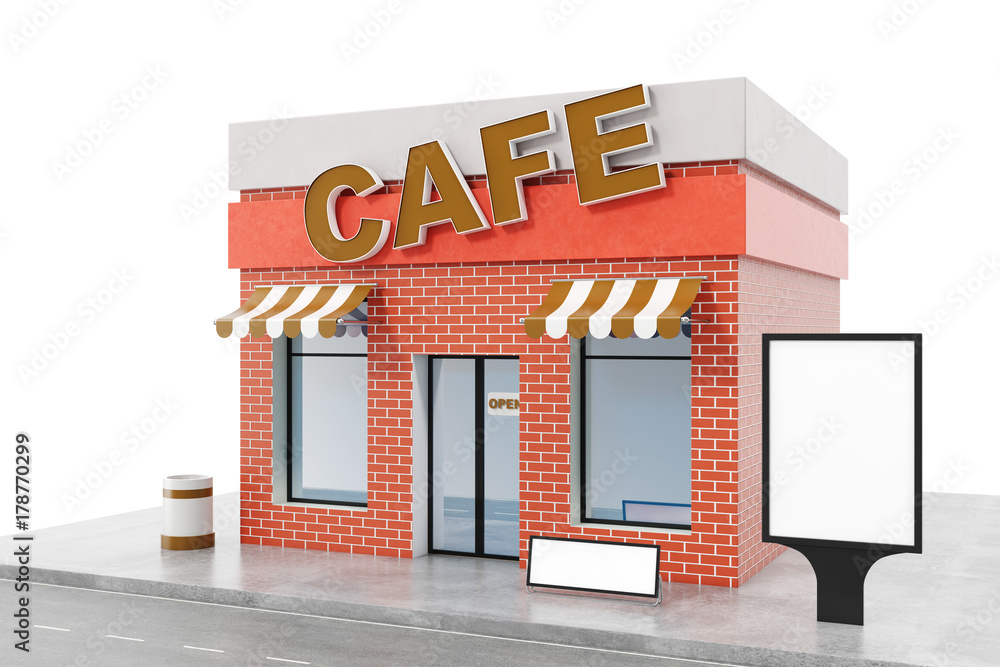 Cafe Store with copy space board isolated on white background. Modern ...