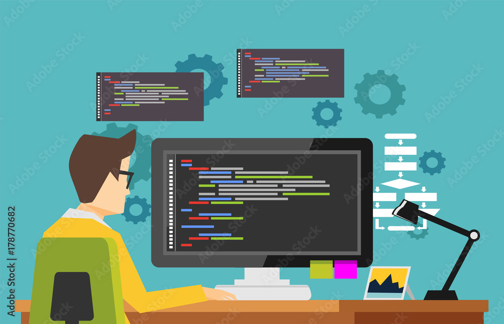 Programmer working on computer. Focus on programming code. Concept of ...