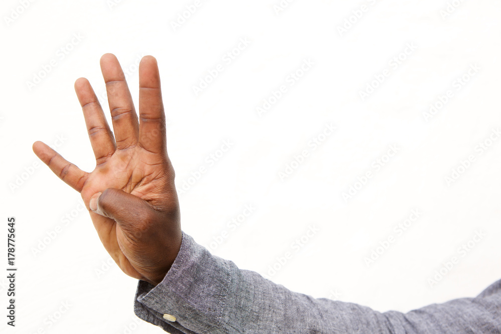 Close up male hand with four fingers count sign on white background ...