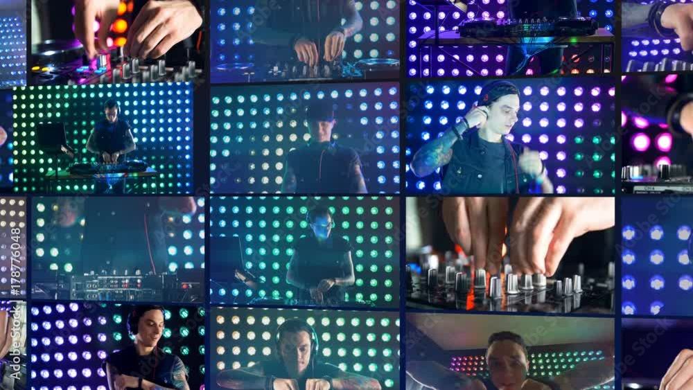 DJ at night club playing music using turntables. Montage, multiscreen ...