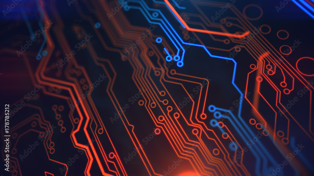 Orange, yellow, blue, background with digital integrated network ...