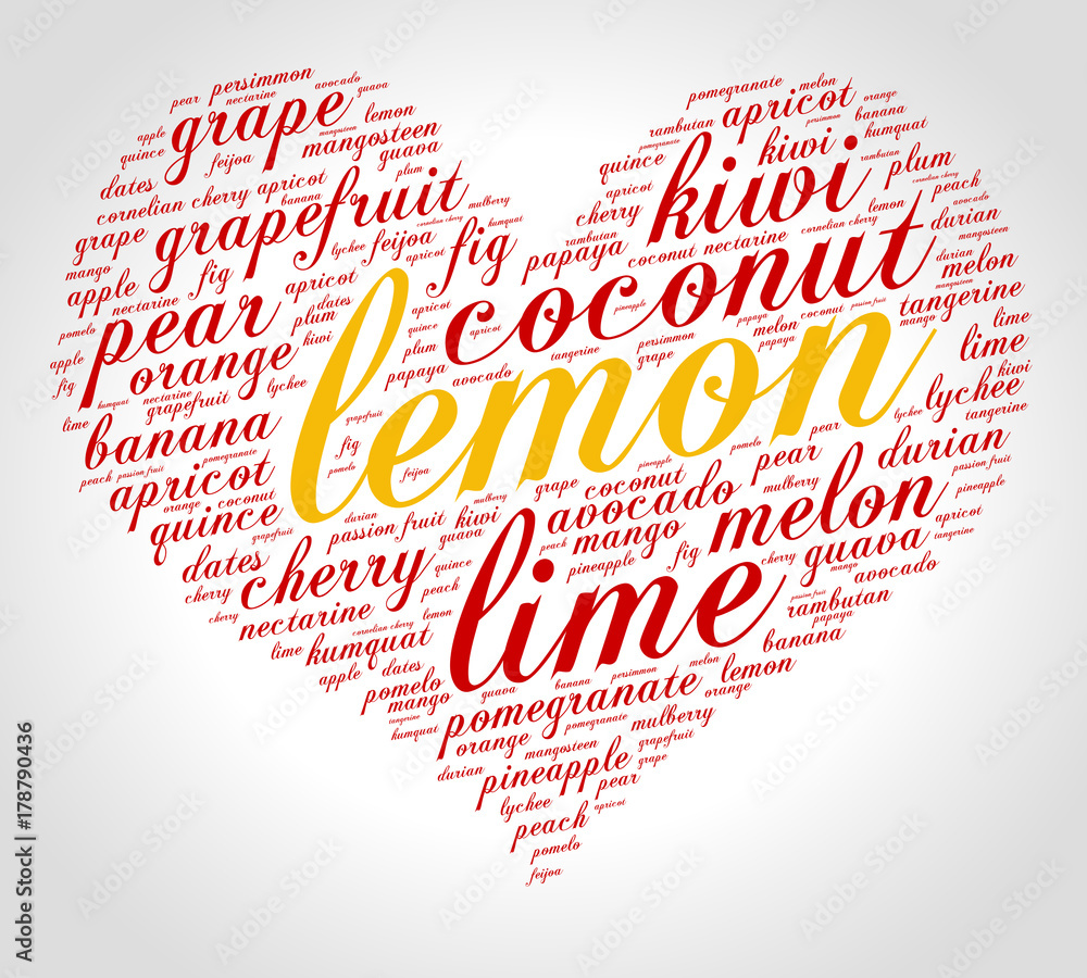 Lemon. Word cloud in shape of heart, italic font, grey gradient ...