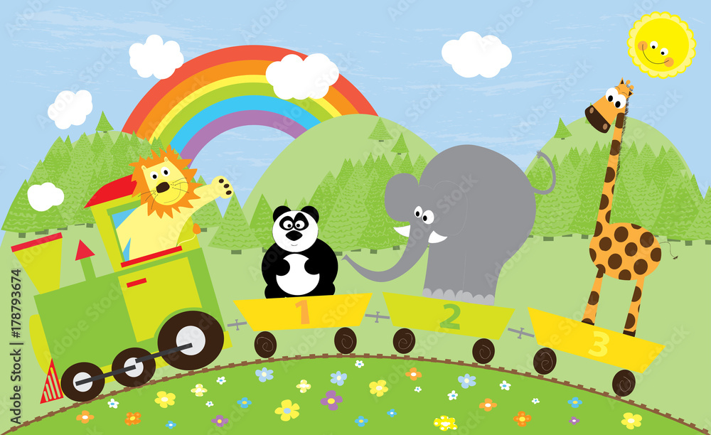 cartoon train with wild animals and the background with green hills ...