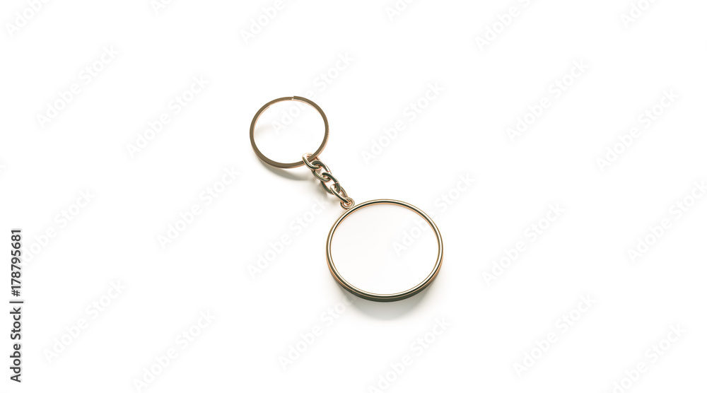 Blank golden white key chain mock up side view, 3d rendering. Clear ...