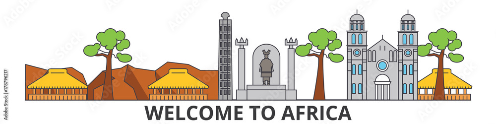 Africa outline skyline, african flat thin line icons, landmarks ...