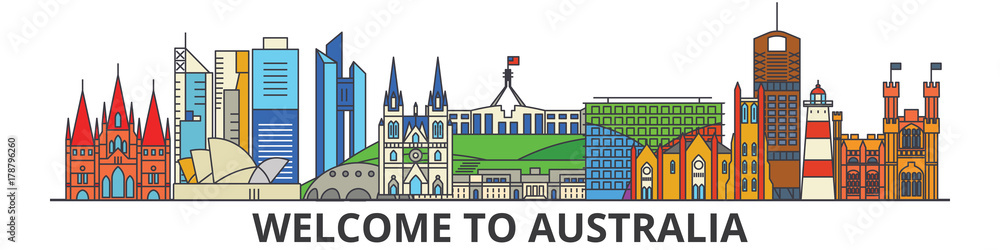 Australia outline skyline, australian flat thin line icons, landmarks ...