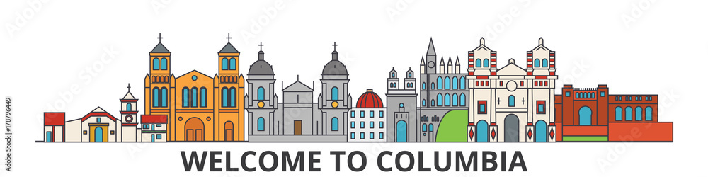 Columbia outline skyline, columbian flat thin line icons, landmarks ...
