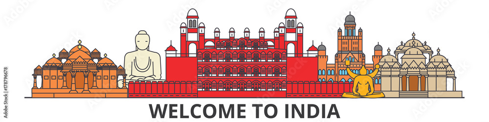 India outline skyline, indian flat thin line icons, landmarks ...