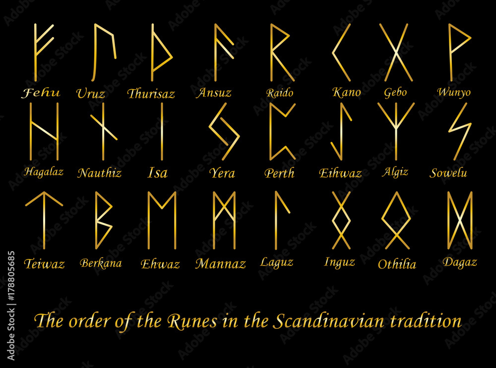 Vector illustration of golden rune metal runes symbols on a black ...