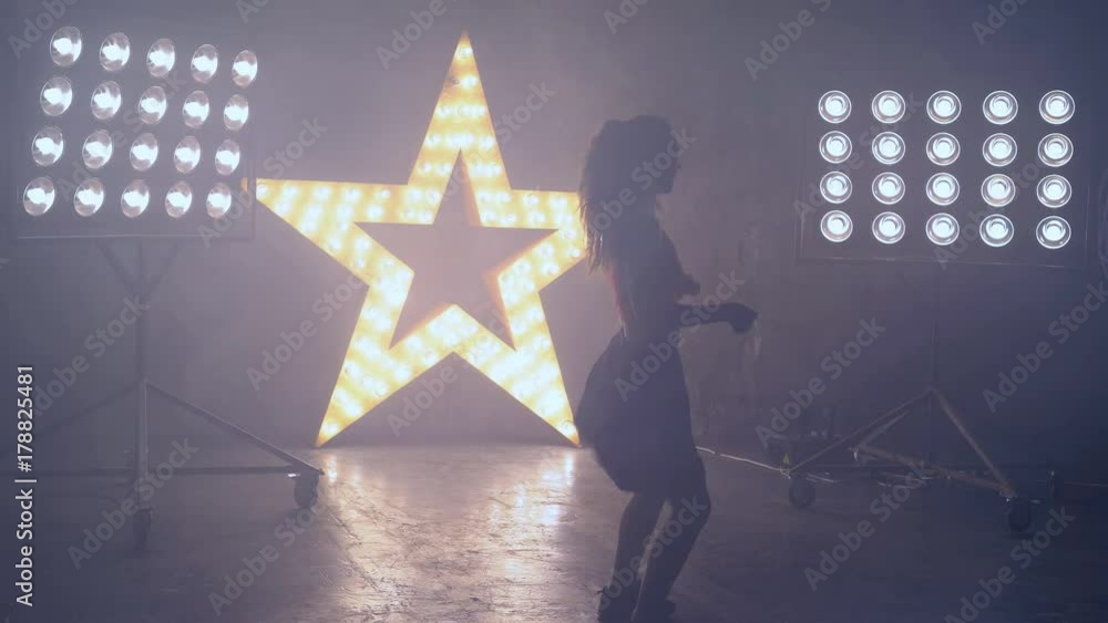 A young professional dancer performs a fast number on stage in the ...