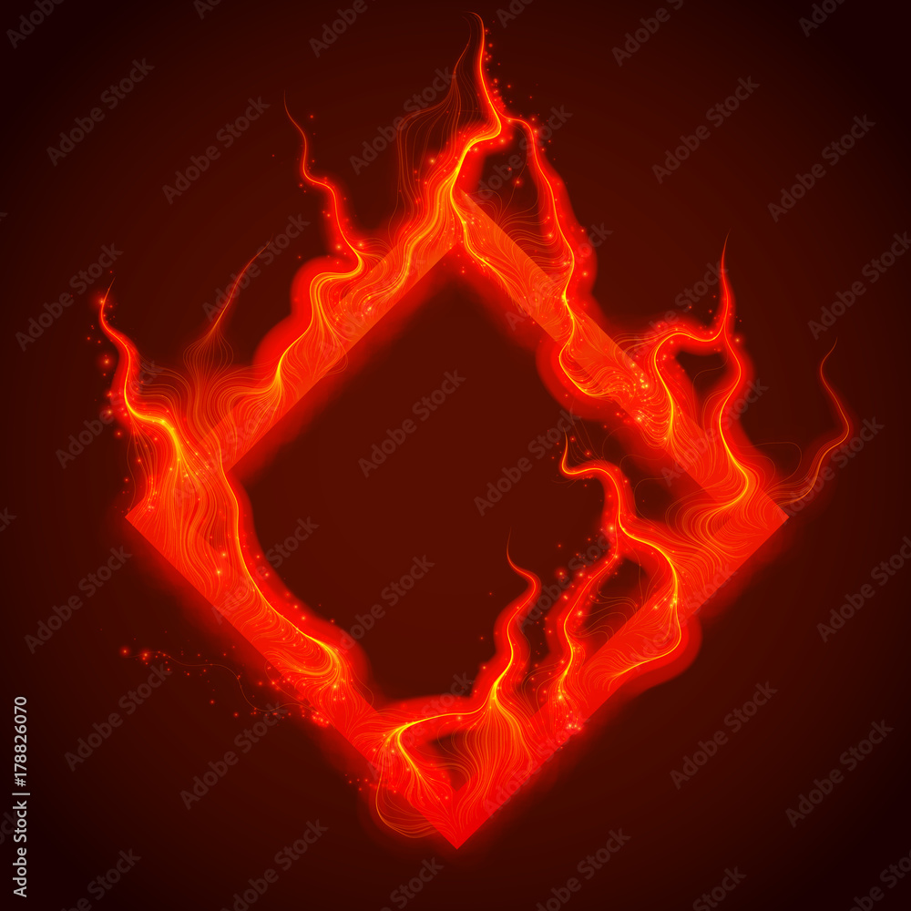 Vector square of red fire with sparks. Procedural fire flames burn ...
