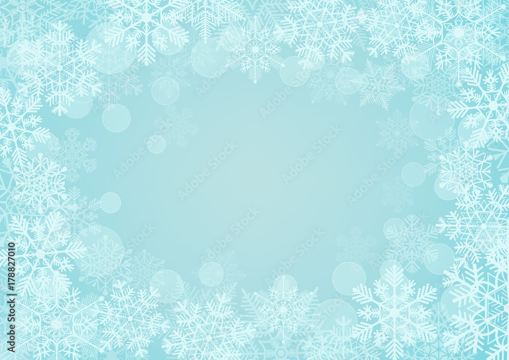 Blue gradient background with snowflakes and bokeh border. Winter ...