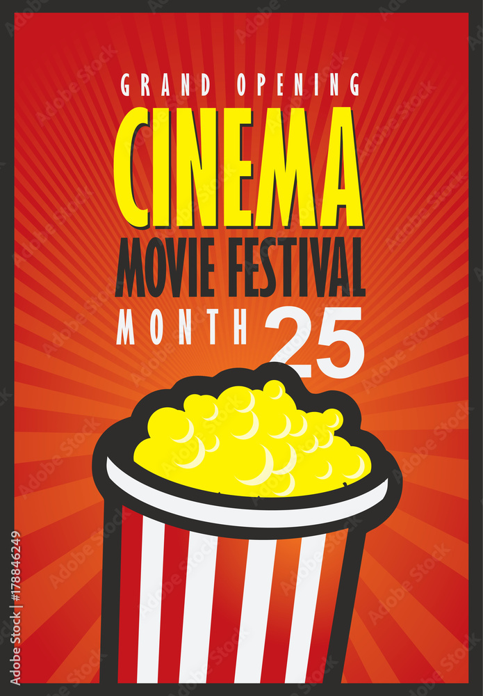 Vector movie festival poster with popcorn bucket on the red background ...