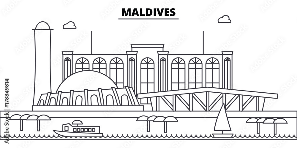 Maldives architecture skyline: buildings, silhouette, outline landscape ...