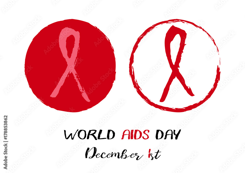 Two round logos of red AIDS ribbon from brush strokes on white ...