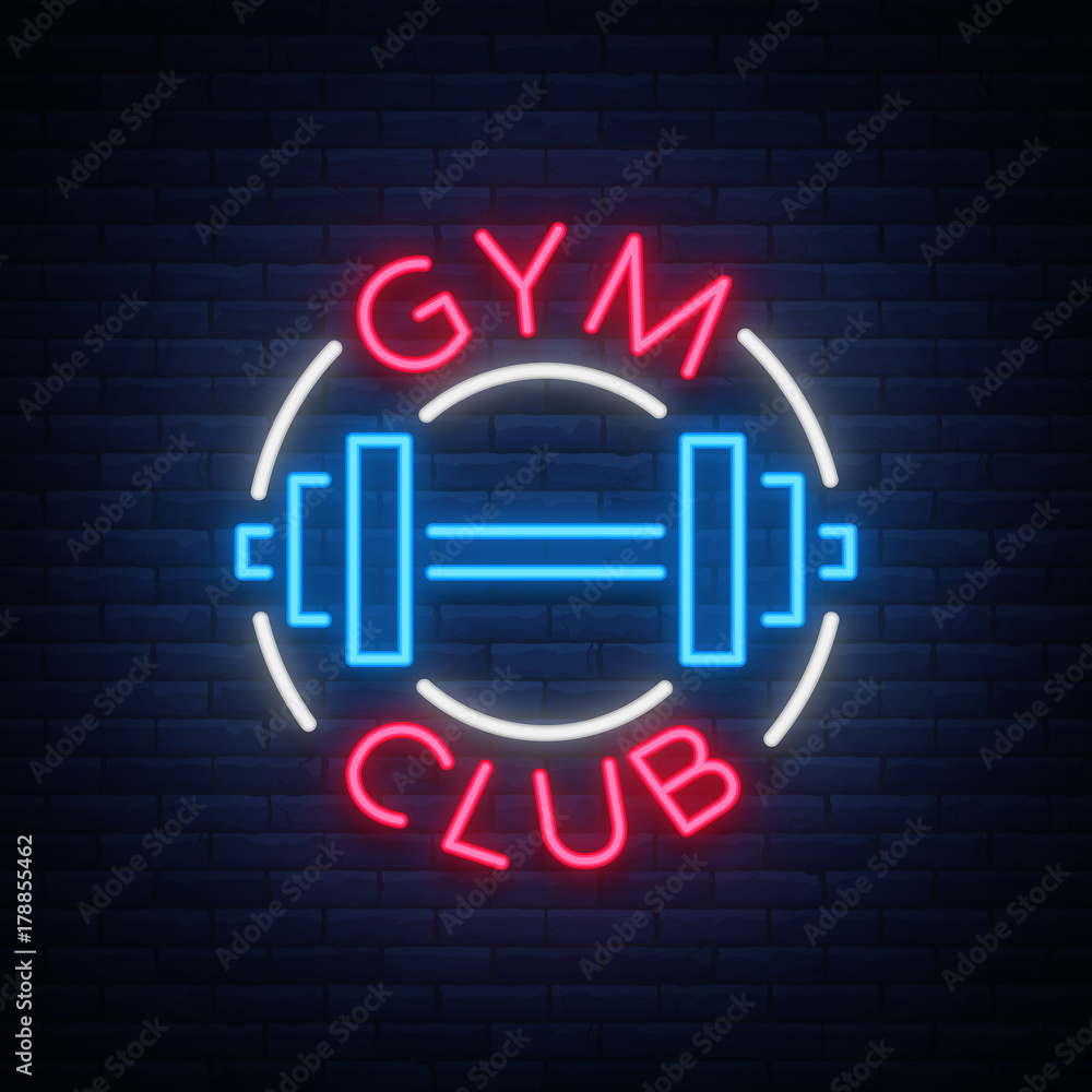 Logotype gym sign in neon style isolated vector illustration. A glowing ...