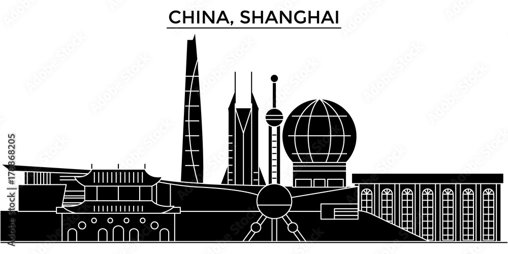 China, Shanghai architecture skyline, buildings, silhouette, outline ...