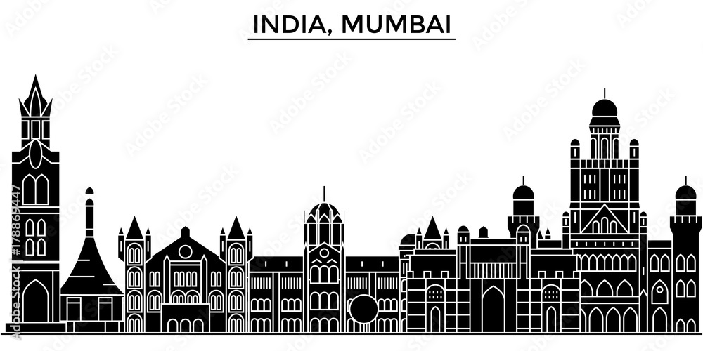 India, Mumbai architecture skyline, buildings, silhouette, outline ...
