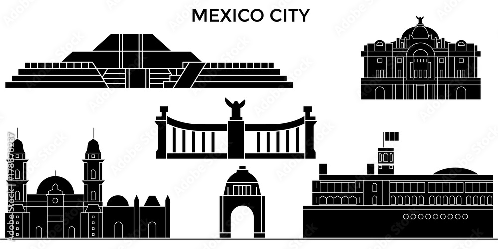 Mexico City architecture skyline, buildings, silhouette, outline ...