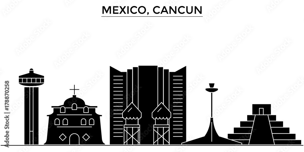 Mexico, Cancun architecture skyline, buildings, silhouette, outline ...