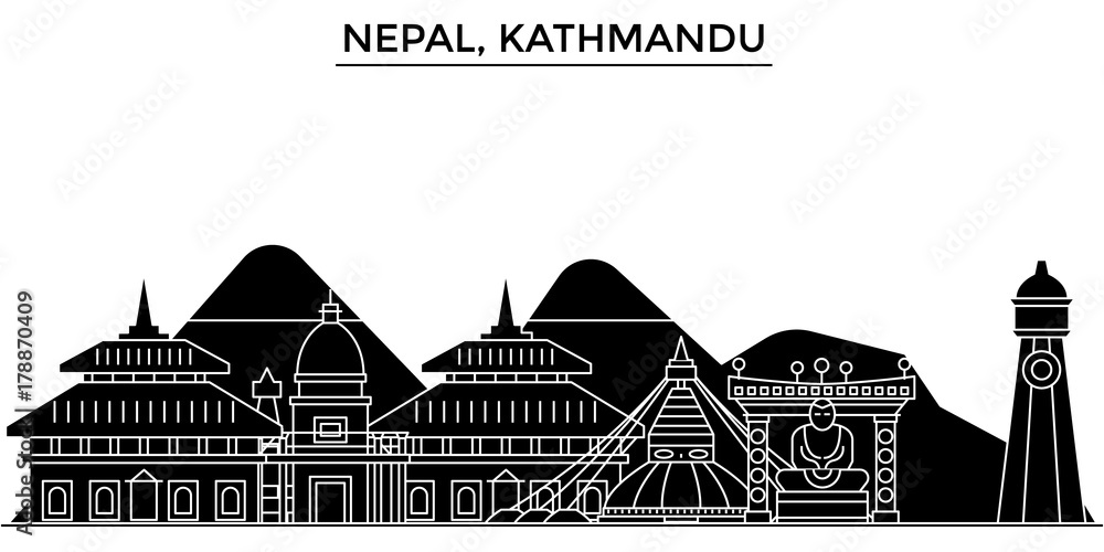 Nepal, Kathmandu architecture skyline, buildings, silhouette, outline ...