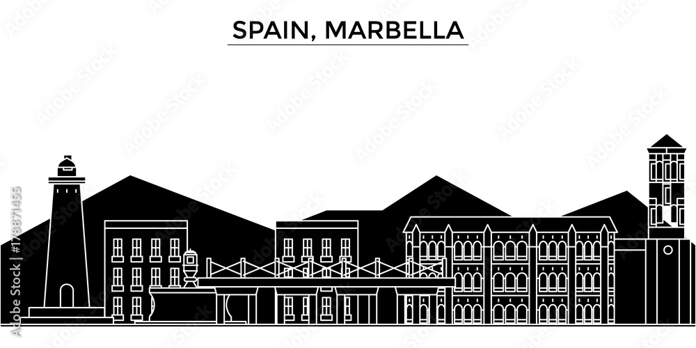 Spain, Marbella architecture skyline, buildings, silhouette, outline ...