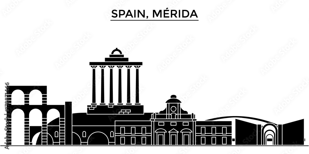Spain, Merida architecture skyline, buildings, silhouette, outline ...