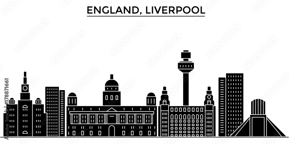 Uk. Liverpool architecture skyline, buildings, silhouette, outline ...