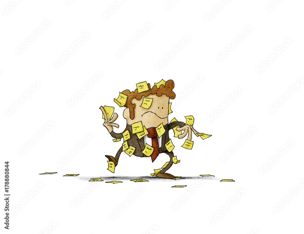 confused businessman with post it notes over his body. disorganization ...