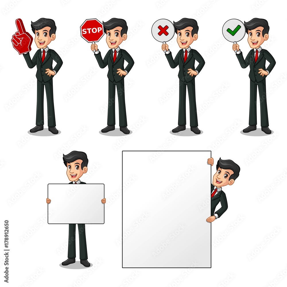 Set of businessman in black suit cartoon character design holding a ...