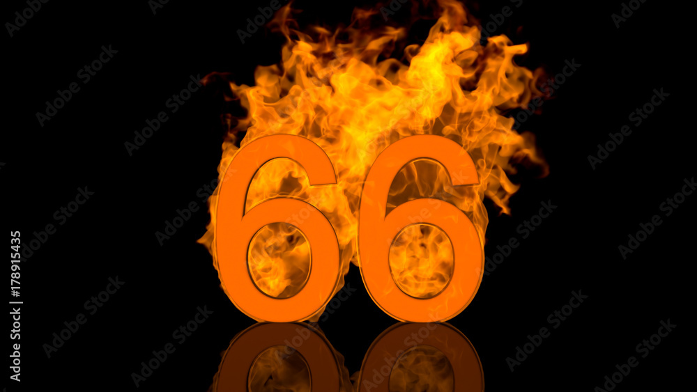 Flaming Number Sixty Six Centred on Black Background with Reflection as ...