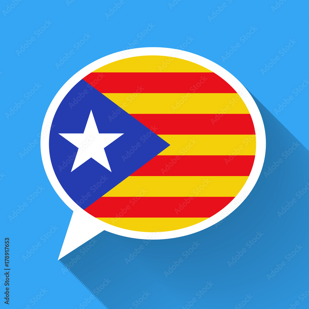 White speech bubble with Catalonia flag and long shadow on blue background. Catalan language ...