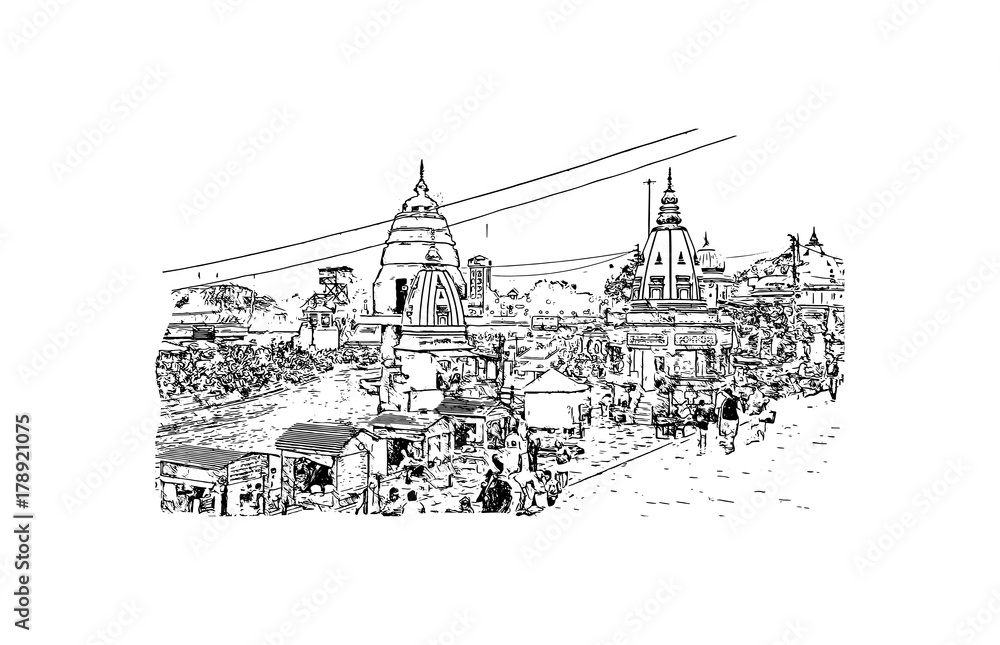 Hand drawn sketch of Ganga Uttarakhand, India in vector illustration ...