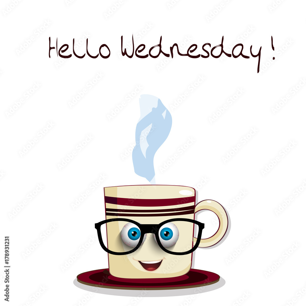 Cute cartoon smiling male cup with blue eyes in glasses and hello ...