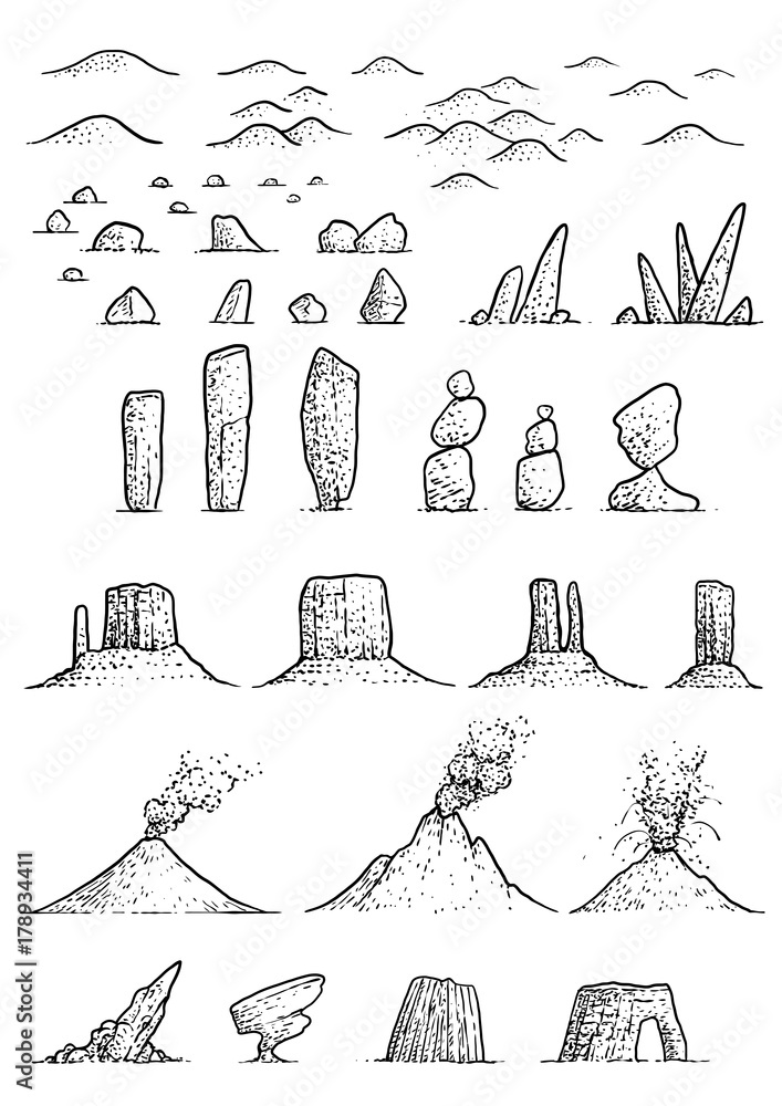 Map elements illustration, drawing, engraving, ink, line art, vector ...