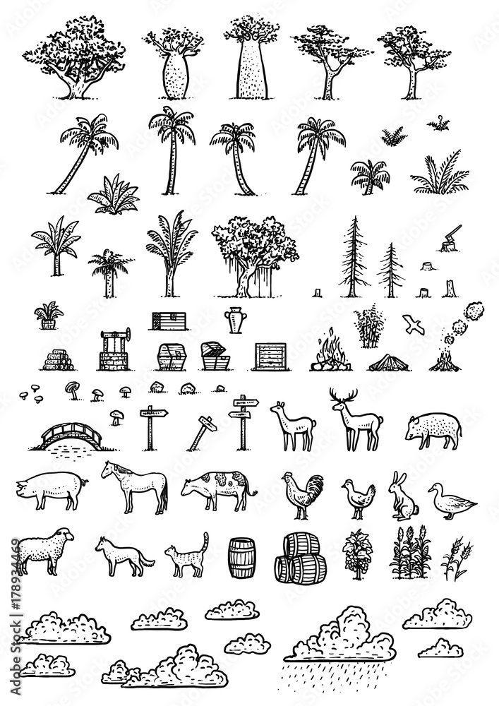 Poster Map elements illustration, drawing, engraving, ink, line art ...