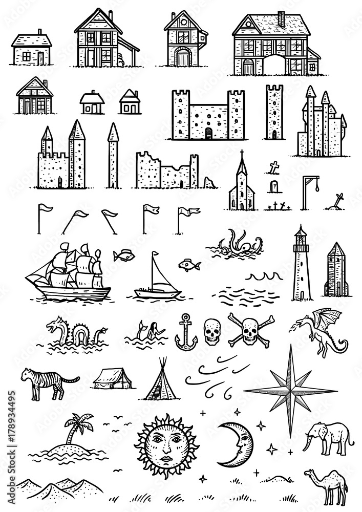 Map elements illustration, drawing, engraving, ink, line art, vector ...