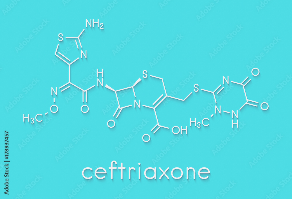 Ceftriaxone antibiotic drug molecule (cephalosporin, third generation ...