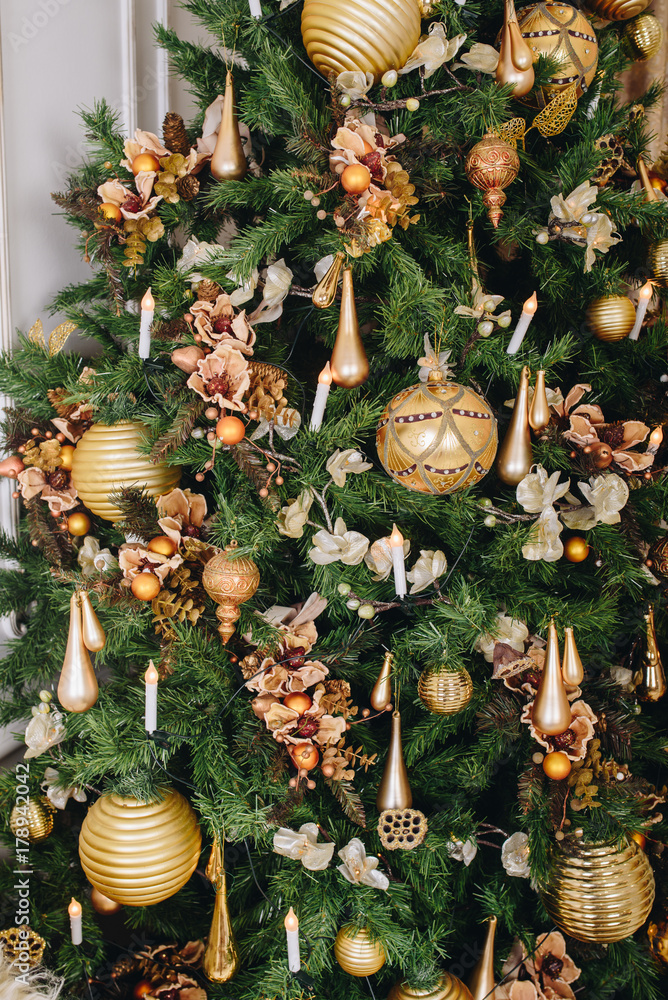 Christmas scene with tree gifts and fire in background Stock Photo ...