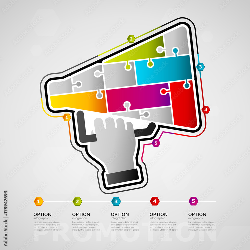 Five options promotion timeline infographic design with megaphone icon ...