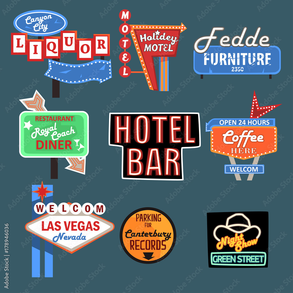 Neon signboards, billboards, light boxes and road signs set of vector ...
