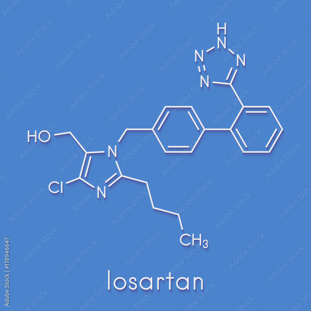 Losartan hypertension drug molecule. Skeletal formula. Stock ...