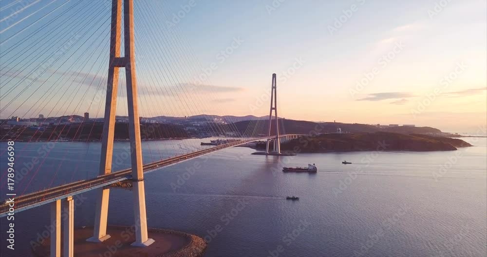 Great aerial view of the Russky Bridge, the world's longest cable ...