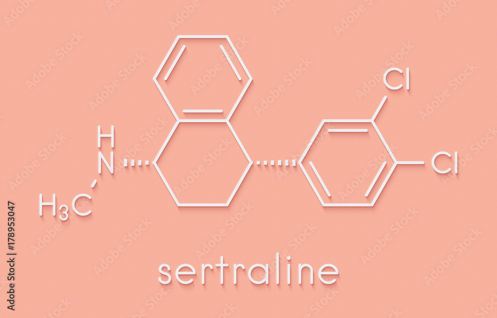 Sertraline antidepressant drug molecule. Skeletal formula. Stock ...
