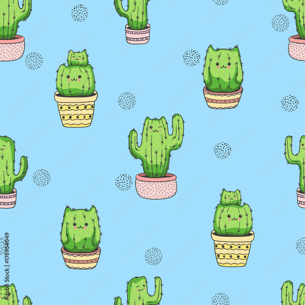 Cute cartoon cactus cat pattern. Vector seamless background. Stock ...